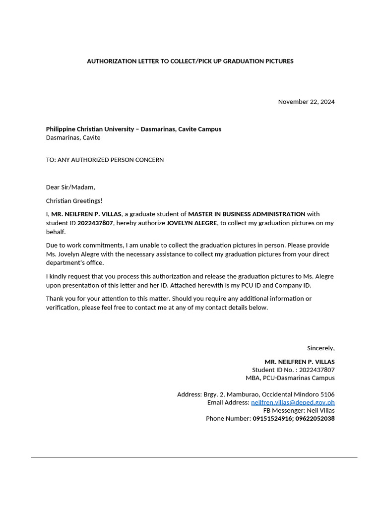 Authorization Letter To Collect Diploma | PDF