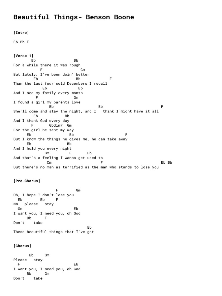 Beautiful Things by Benson Boone Lyrics | PDF | Song Structure | Songs