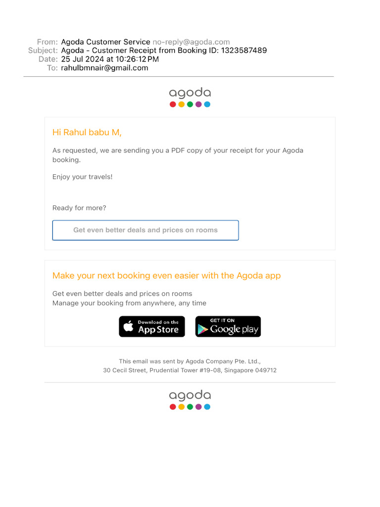 Agoda Booking Receipt for Rahul M | PDF