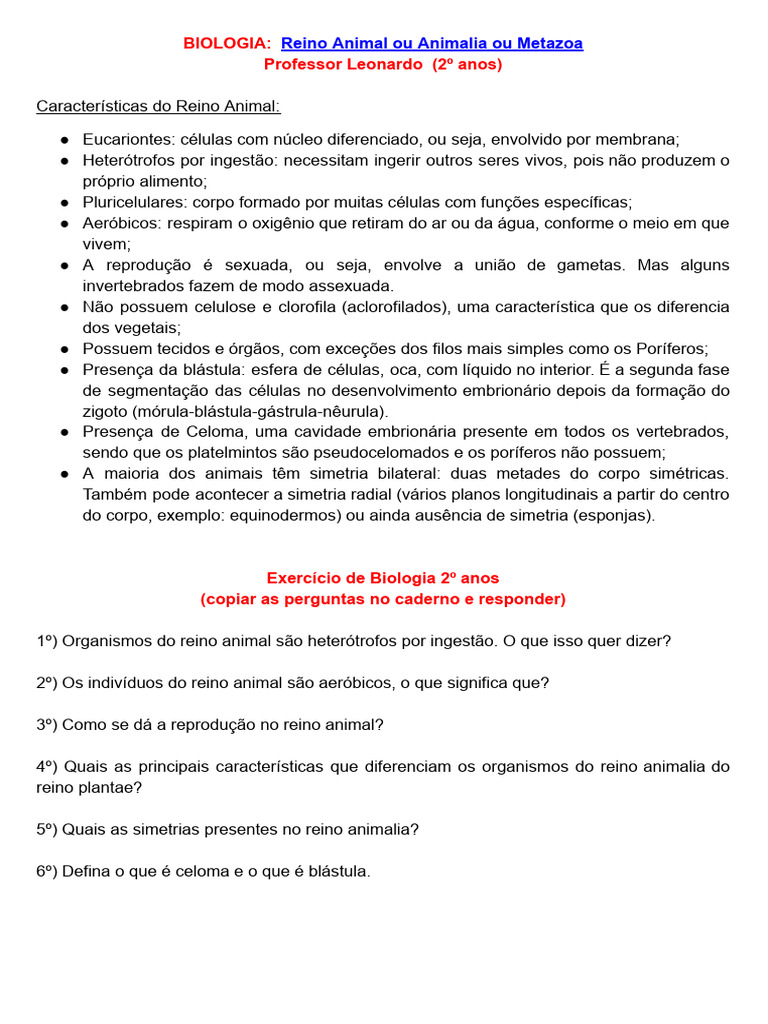 2ANOS_ Reino Animal Ou Animalia Ou Metazoa | PDF
