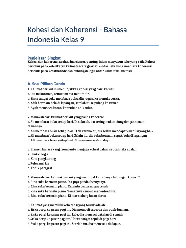 Kohesi Dan Koherensi - Bahasa Indonesia Kelas 9 | PDF