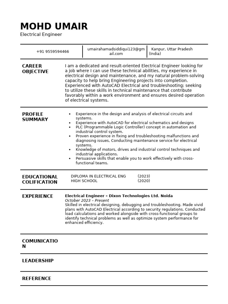 Mohd Umair Resume Of Eee Pdf Programmable Logic Controller Troubleshooting