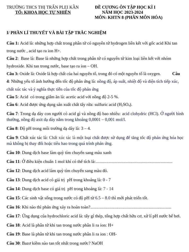 KHTN Cuooi Kì 1 | PDF