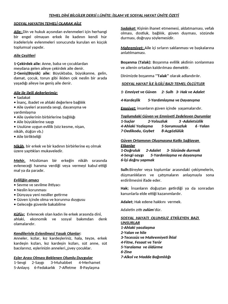 Temel Dini Bilgiler (İslam 1) Ders Notları 1.ünite Özet | PDF