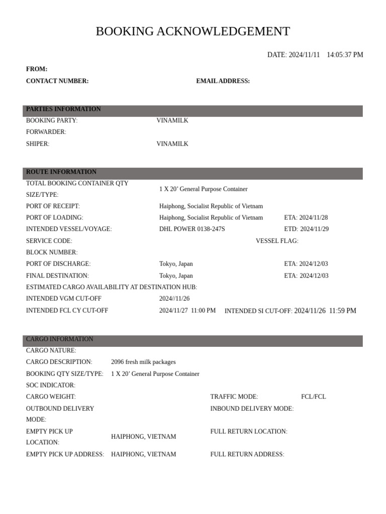 BOOKING AND BOOKING CONFIRMATION (Đã CH A) | PDF | Cargo | Transport