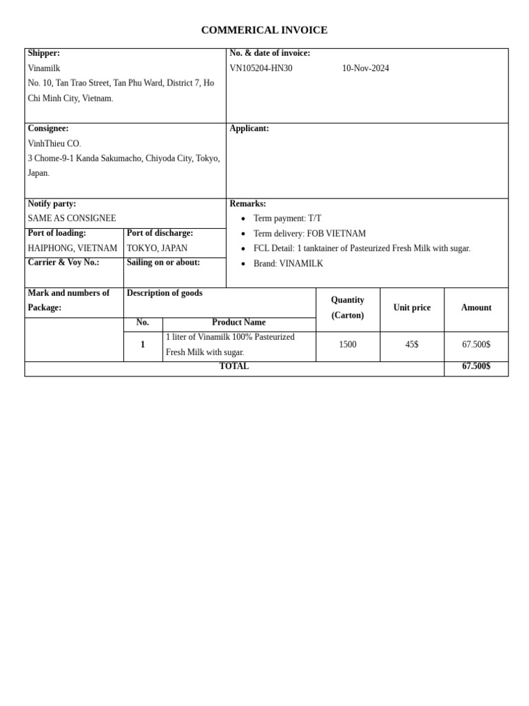 Vinamilk Commercial Invoice for Export | PDF