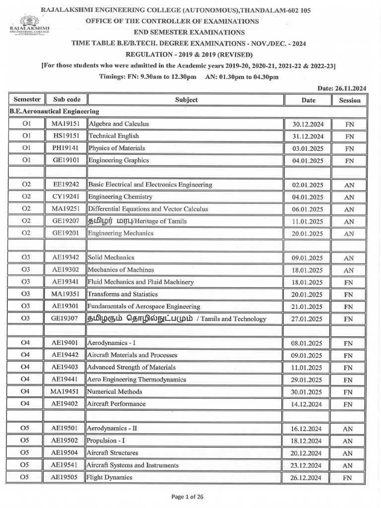 Timetable - R2019 & R2019 (R) - Regular & Arrear - End Sem. Exam. | PDF