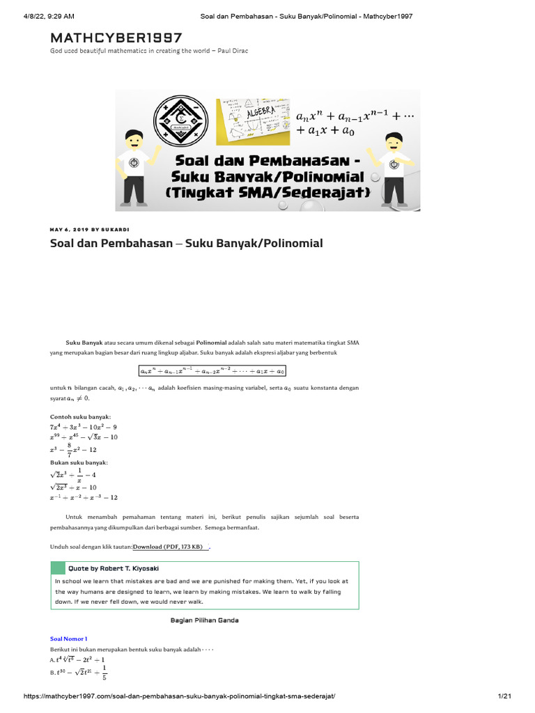 Soal dan Pembahasan - Suku Banyak_Polinomial - Mathcyber1997 | PDF