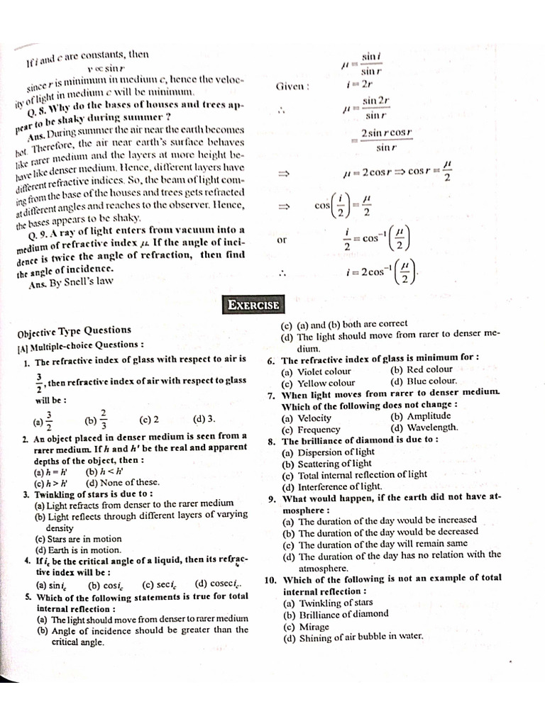 Refraction MCQ | PDF