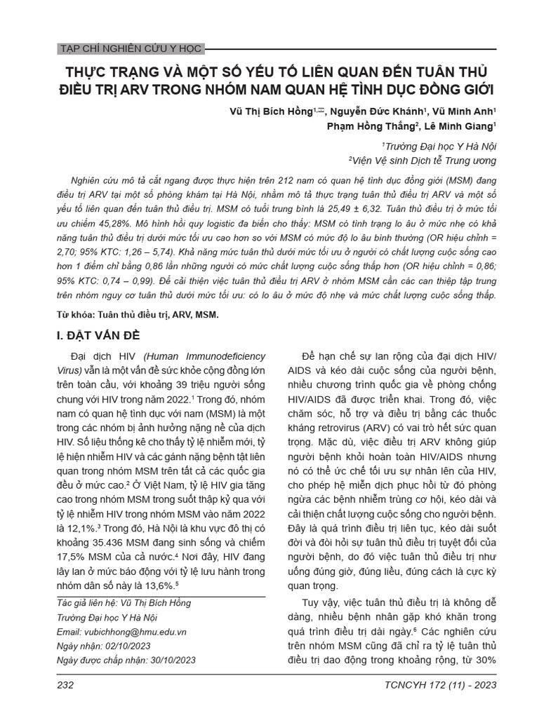 Thực Trạng Và Các YTLQ Tuân Thủ Điều Trị ARV ở Nhóm MSM Tại Hà Nội 2023 | PDF