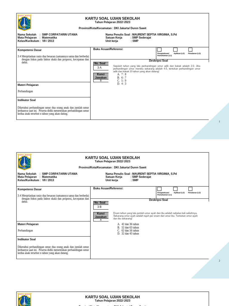 Soal Matematika SMP: Rasio & Persamaan Kuadrat | PDF