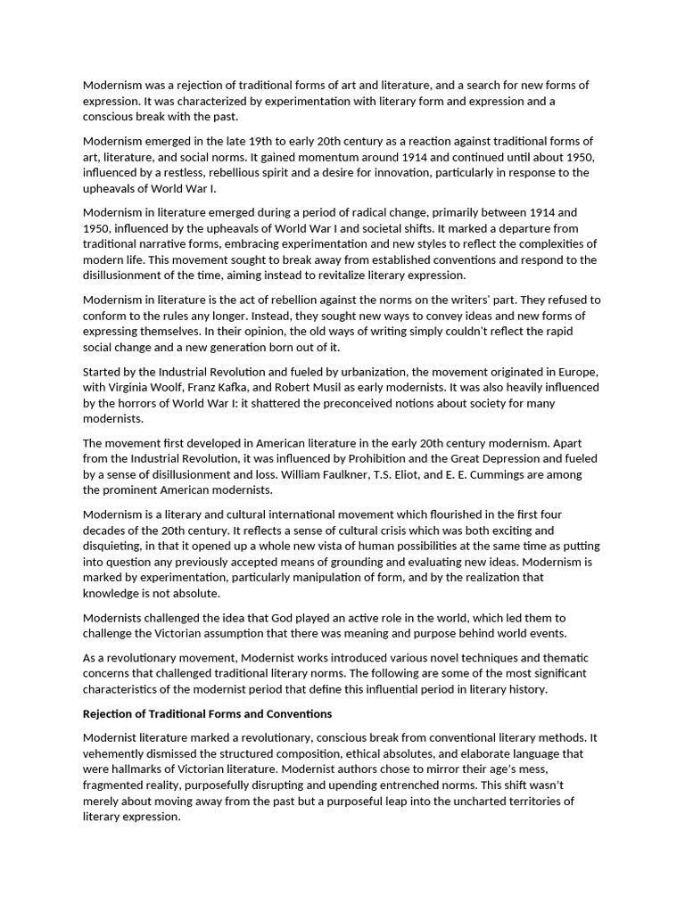 Modernism Was A Rejection of Traditional Forms of Art and Literature ...