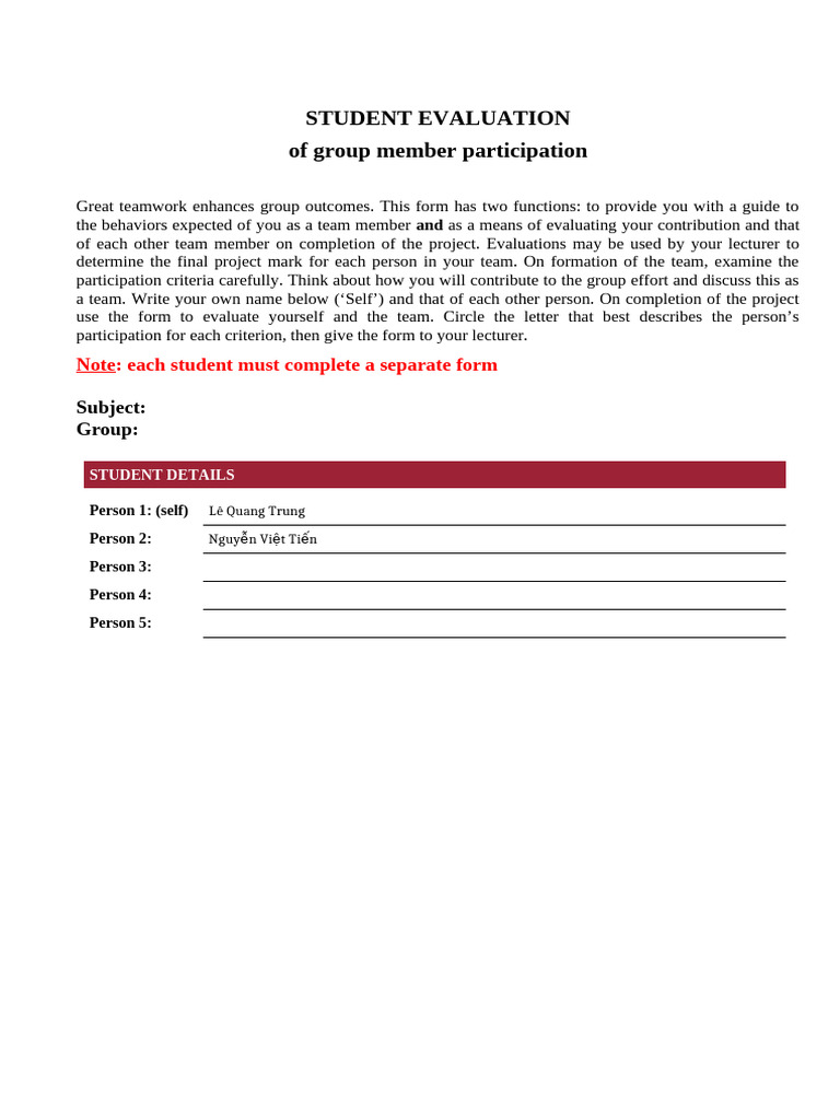 Peer Evaluation Form | PDF | Cognition | Psychological Concepts