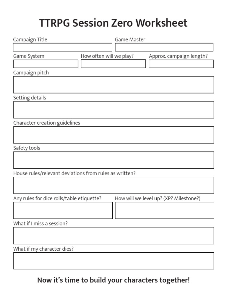 Session Zero Worksheet Fillable | PDF