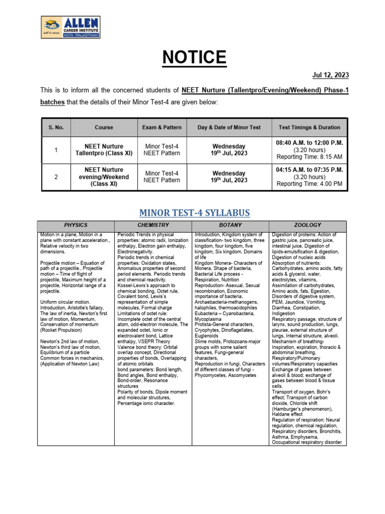 NEET Nurture Phase I Minor Test 4 | PDF | Chemical Bond | Respiratory ...