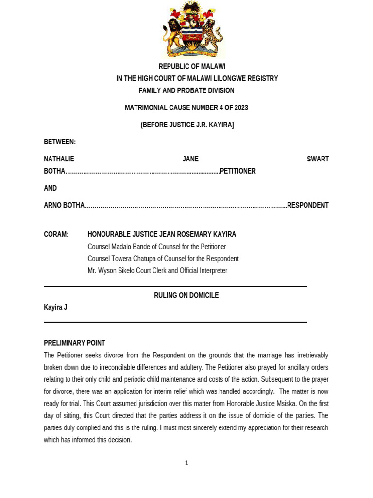Botha vs. Botha case | PDF | Marriage | Domicile (Law)