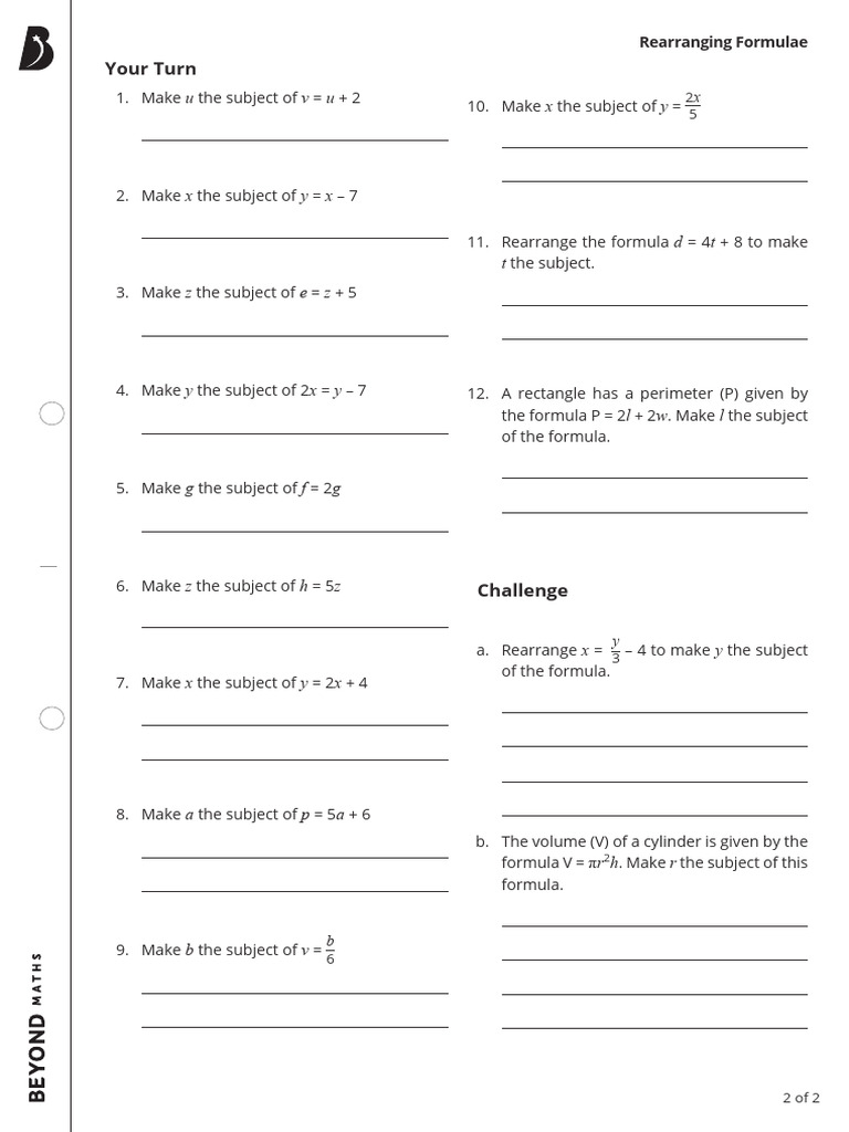 Rearranging Formulae (Print) | PDF