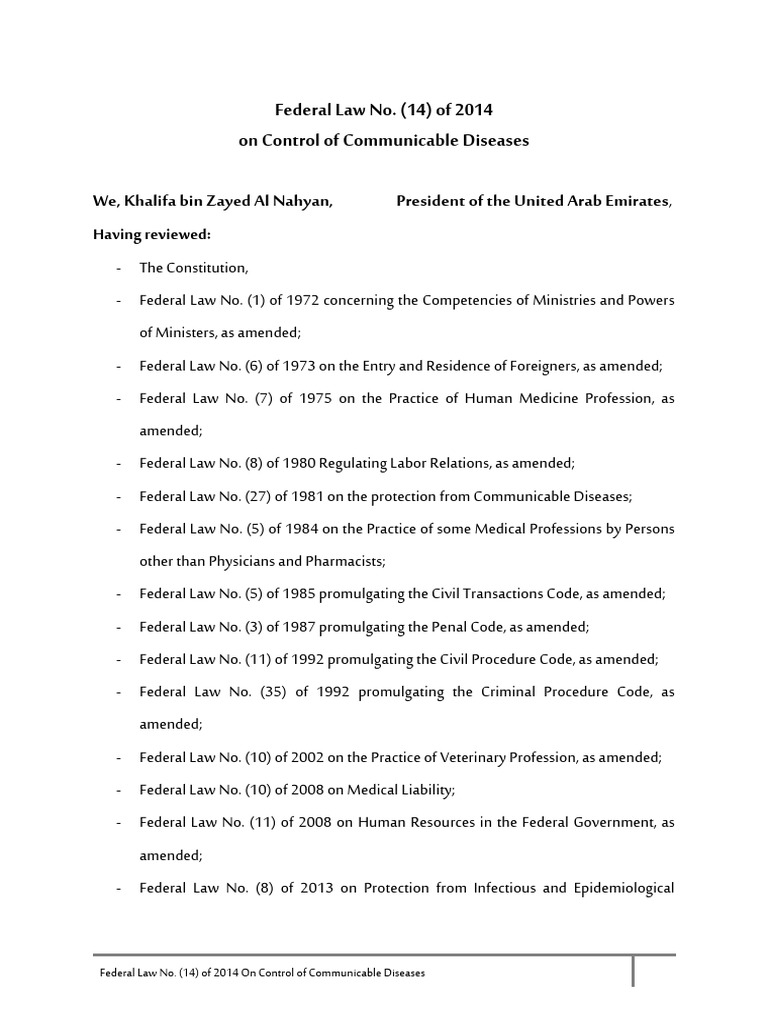 Federal Law No. (14) of 2014 On Control of Communicable Diseases | PDF ...