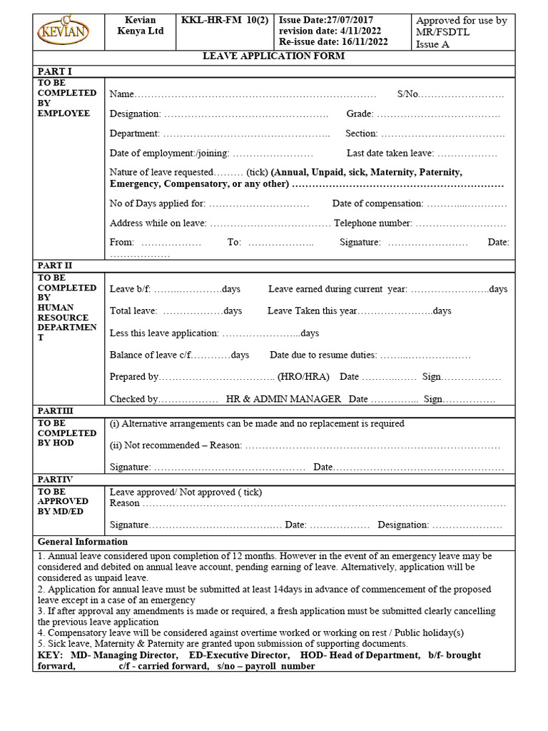 leave sheet Kevia | PDF | Employee Relations | Industrial Relations