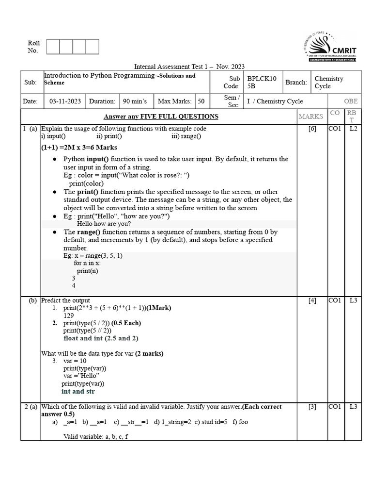 IAT-I Question Paper with Solution of BPLCK105B Introduction to Python ... IAT-I Question Paper with Solution of BPLCK105B Introduction to Python ...
