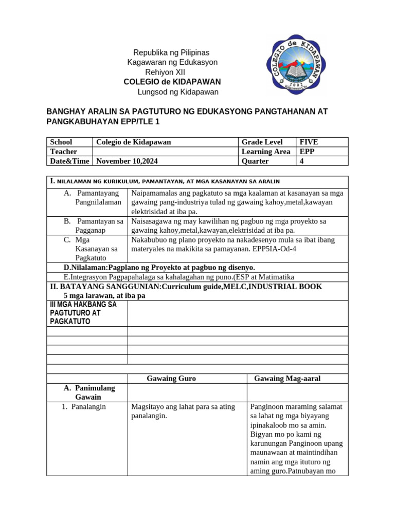 Lesson Plan Epp 5 1 1.docx Matatag | PDF