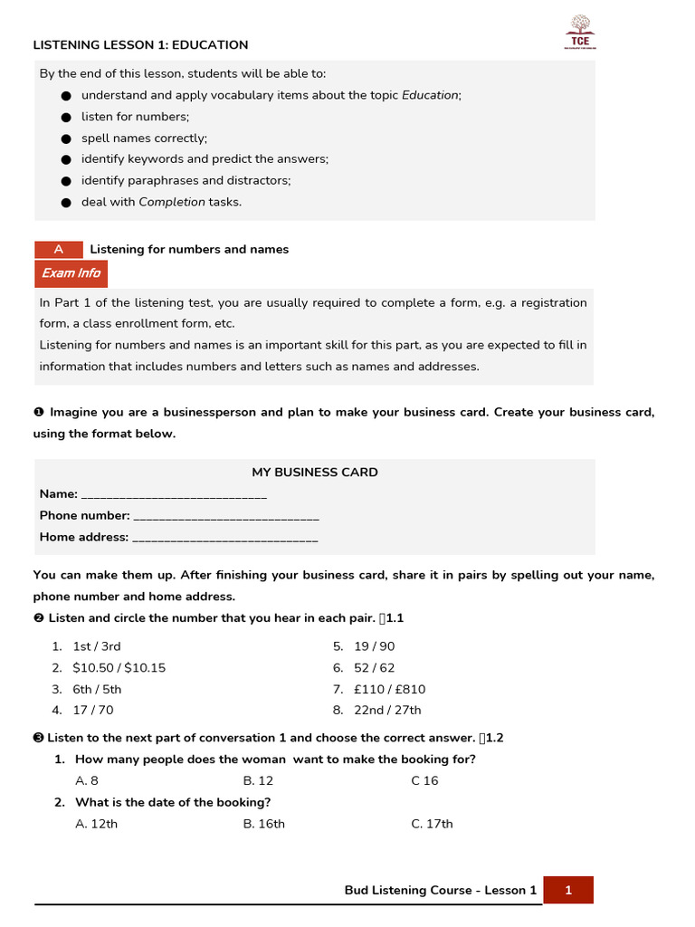 Listening Lesson 1 - Class Handout | PDF | Adverb | Adjective