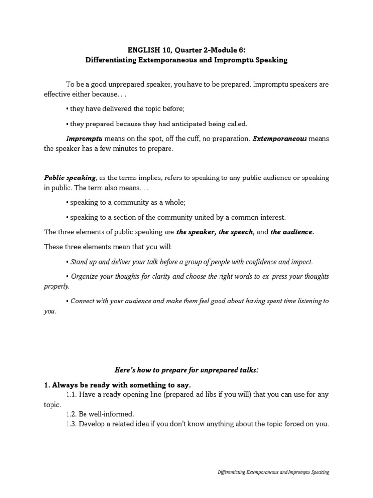 ENGLISH 10 - Differentiating Extemporaneous and Impromptu Speaking ...