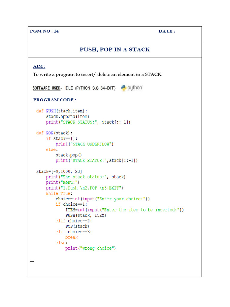 Stack Operations: Push, Pop, Display | PDF