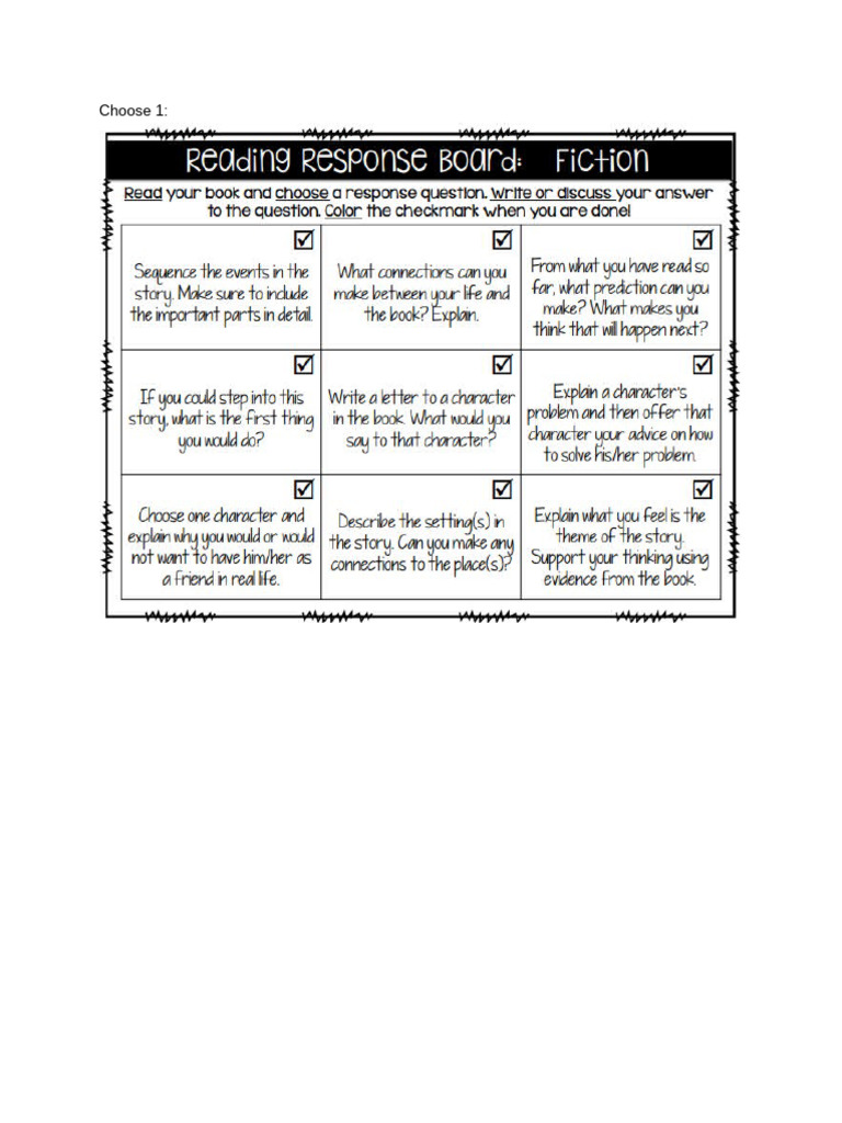 Reading Response Choice Board - Fiction | PDF