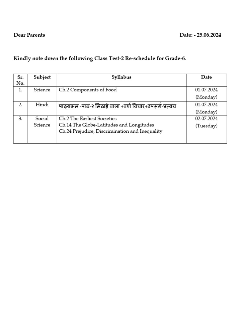 Grade 6 Class Test-2 Reschedule Notice | PDF