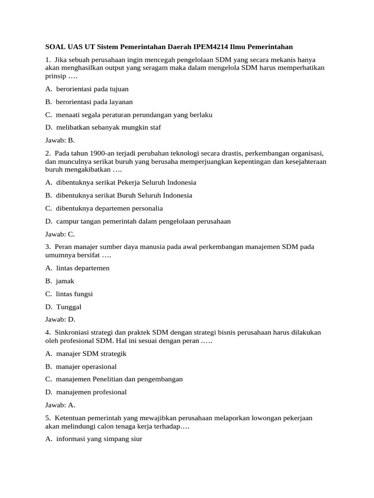 SOAL UAS UT Sistem Pemerintahan Daerah IPEM4214 Ilmu Pemerin | PDF