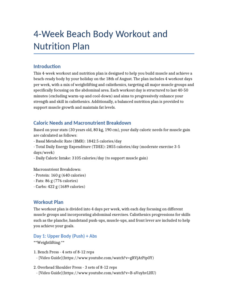 Beach Body Workout and Nutrition Plan | PDF | Strength Training ...