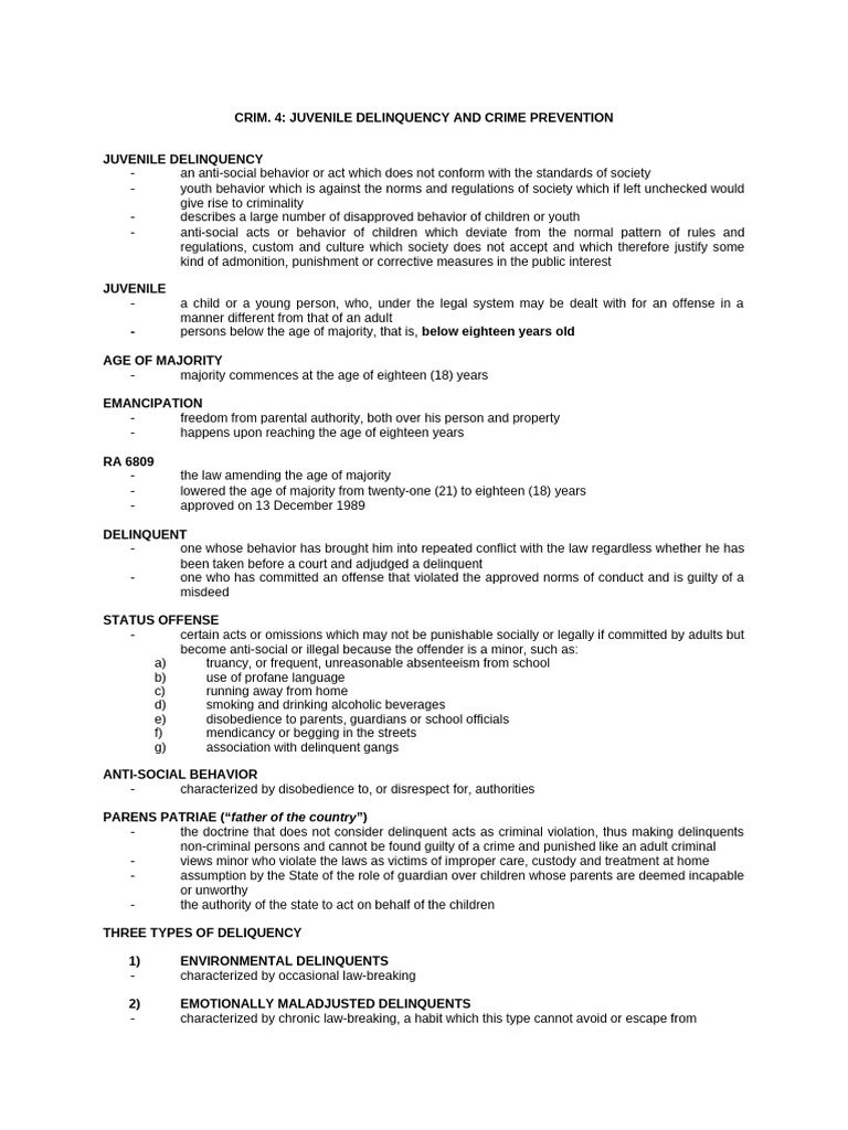 Crim. 4 Juvenile Delinquency and Crime Prevention | PDF | Juvenile ...