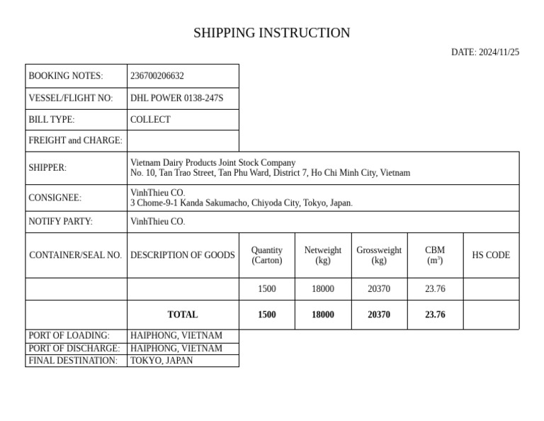 Shipping Instructions for Vietnam to Japan | PDF