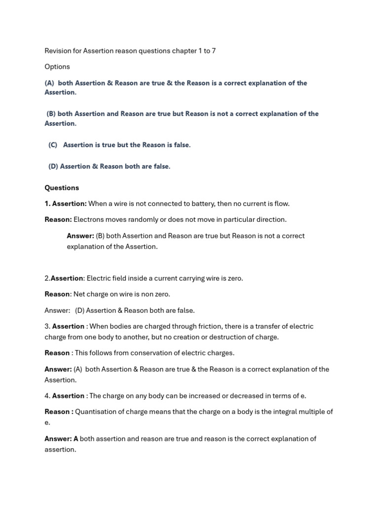 Class 12th Assertion Reason Revision Sheet Chapter 1 To 7 | PDF | Magnetic Field | Inductor