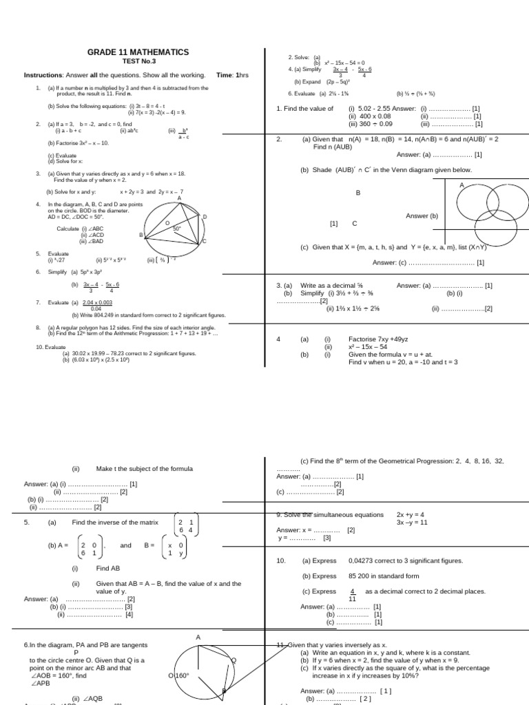 Grade 11 Maths Test 3 | PDF | Elementary Mathematics | Mathematics