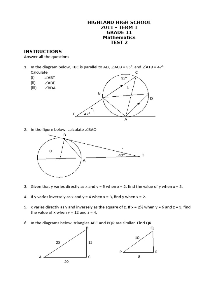 2011 - Grade 11 Term 1 - Maths Test 2 | PDF
