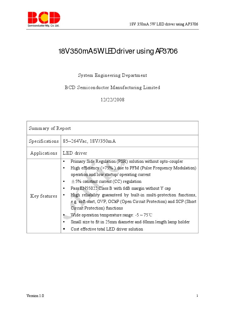 18V 350mA LED Driver AP3706 Guide | PDF | Power Supply | Rectifier
