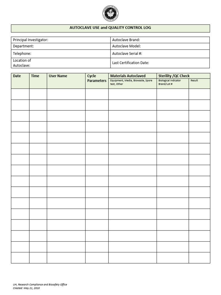 Autoclave Use and Quality Control Log | PDF