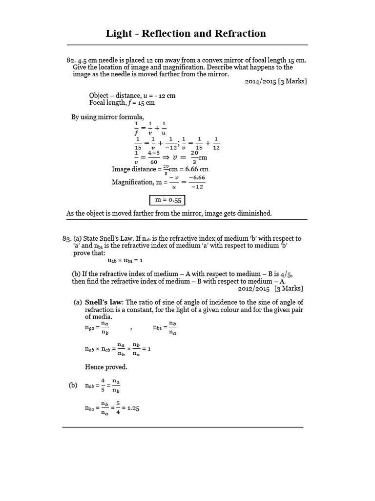 Class 10 Cbse Most Rep Questions Light | PDF | Refraction | Refractive ...
