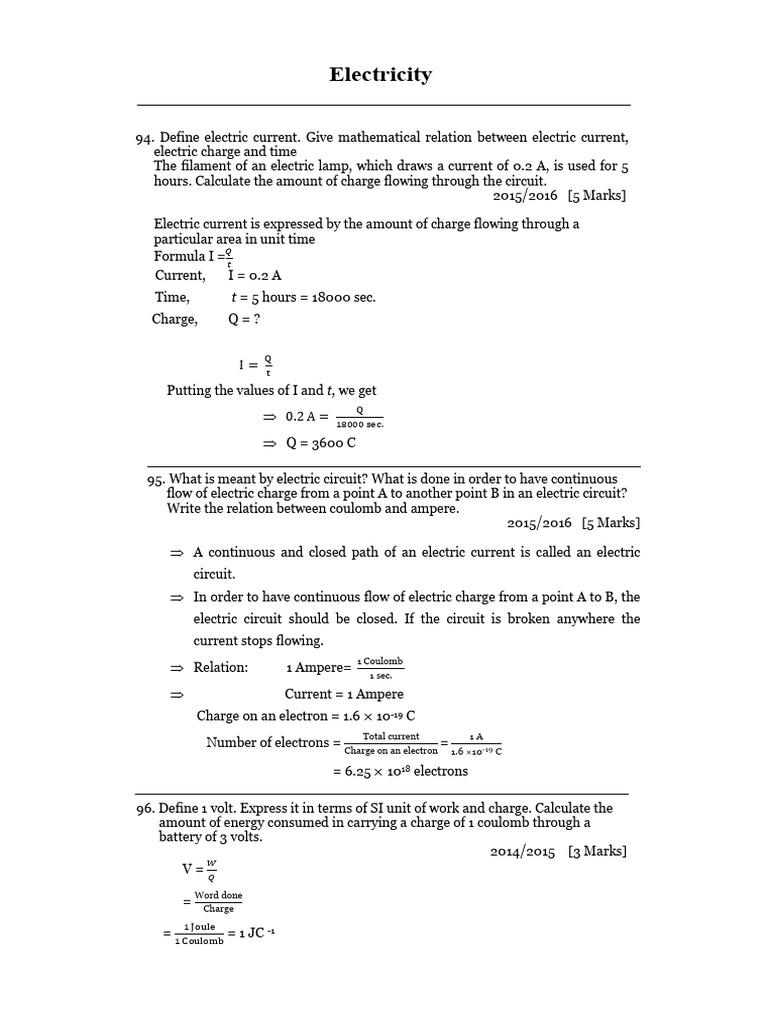 Class 10 Cbse Most Rep Questions Electricity | PDF | Electrical ...