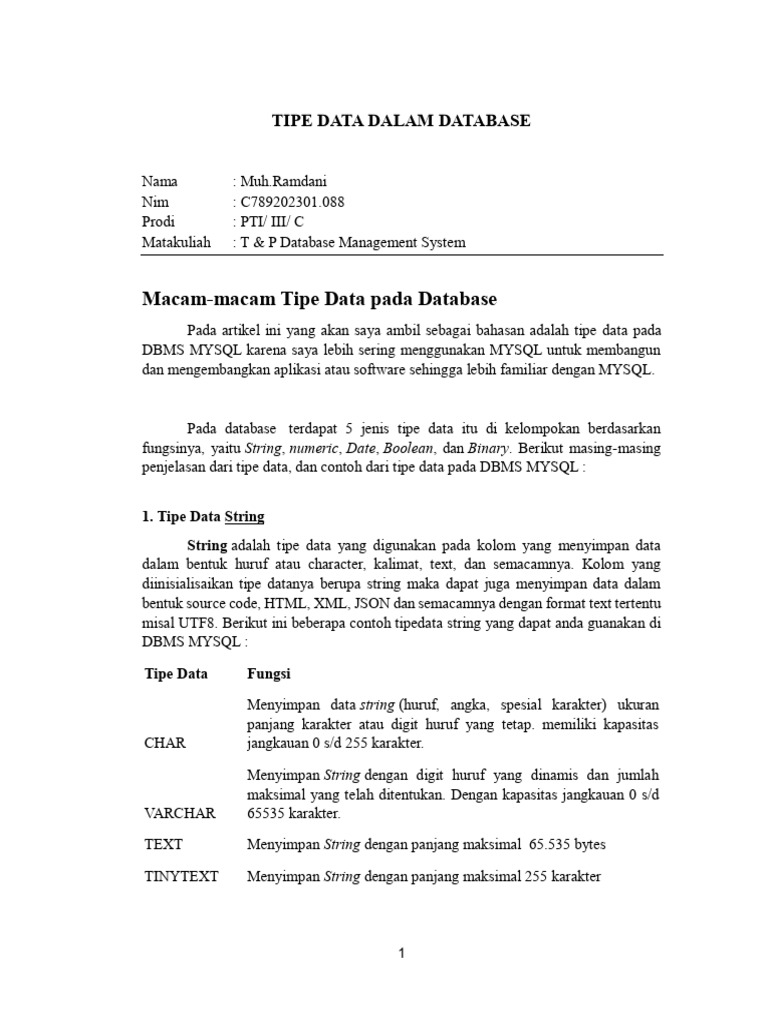 TIPE DATA DALAM DATABASE MUH RAMDANI | PDF