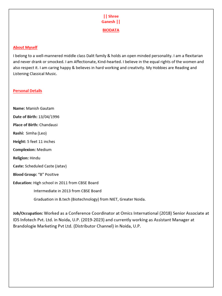 Biodata (Manish Gautam) | PDF