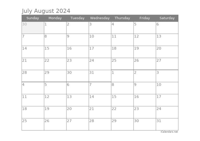 July-August 2024 Calendar Overview | PDF