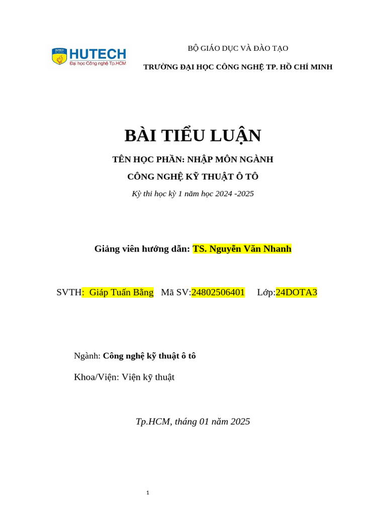 Bieu Mau Bao Cao Bai Tieu Luan - Nhap Mon Ngang CNKT o To | PDF