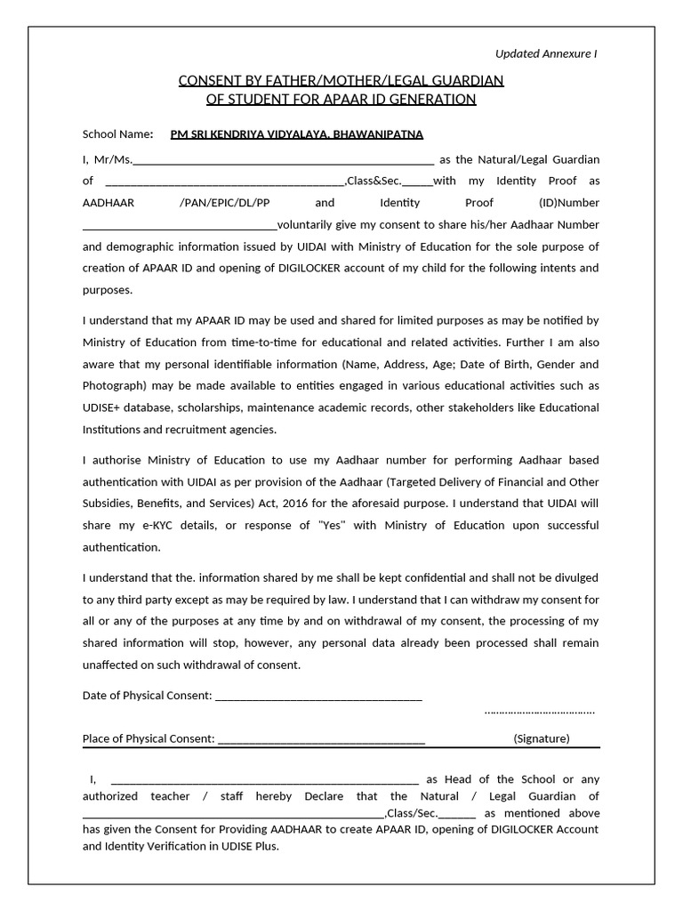 Parents Consent Form APAAR | PDF | Justice | Crime & Violence