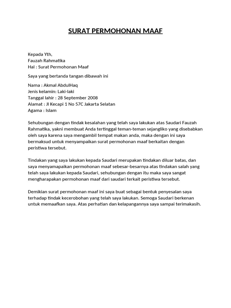 Surat Permohonan Maaf | PDF