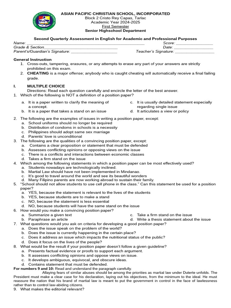 Q2-Eapp-Second Quarterly Exam | PDF | Methodology | Argument