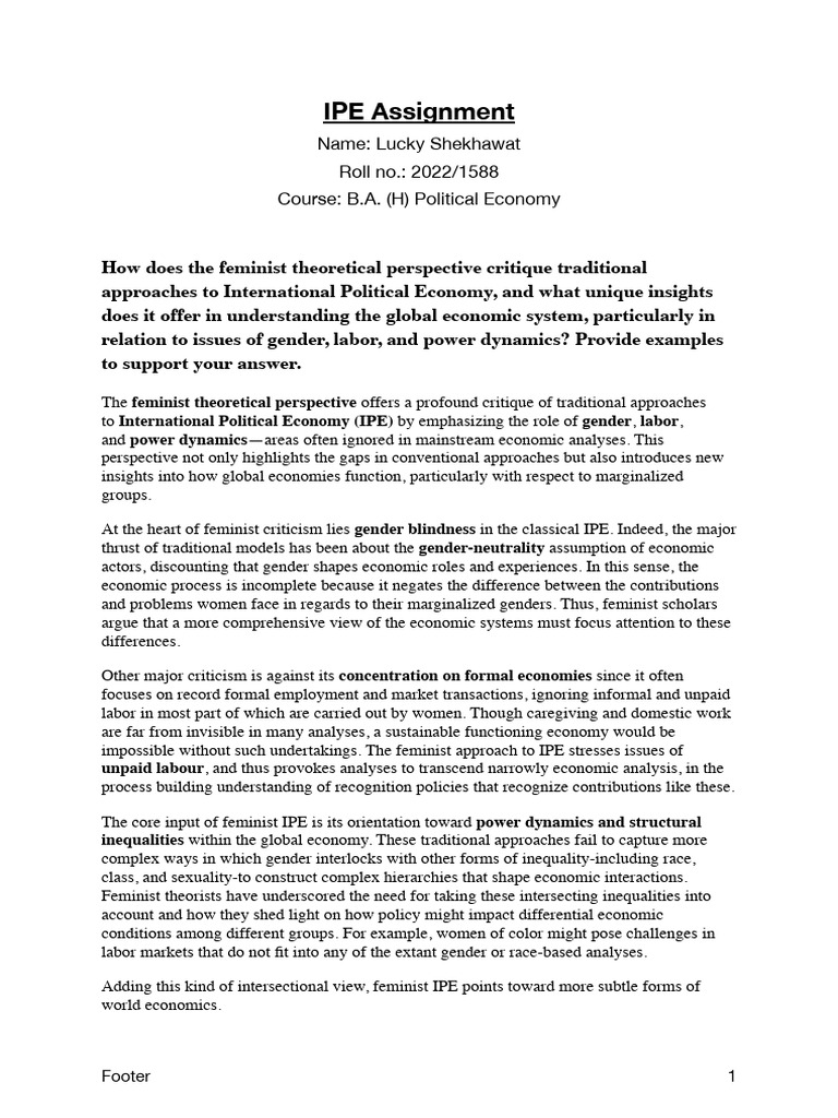 Feminist Critique of International Political Economy | PDF | Feminism | Gender Studies