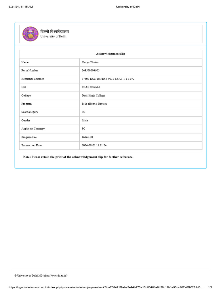 Acknowledgement Slip for B.Sc Physics Admission | PDF